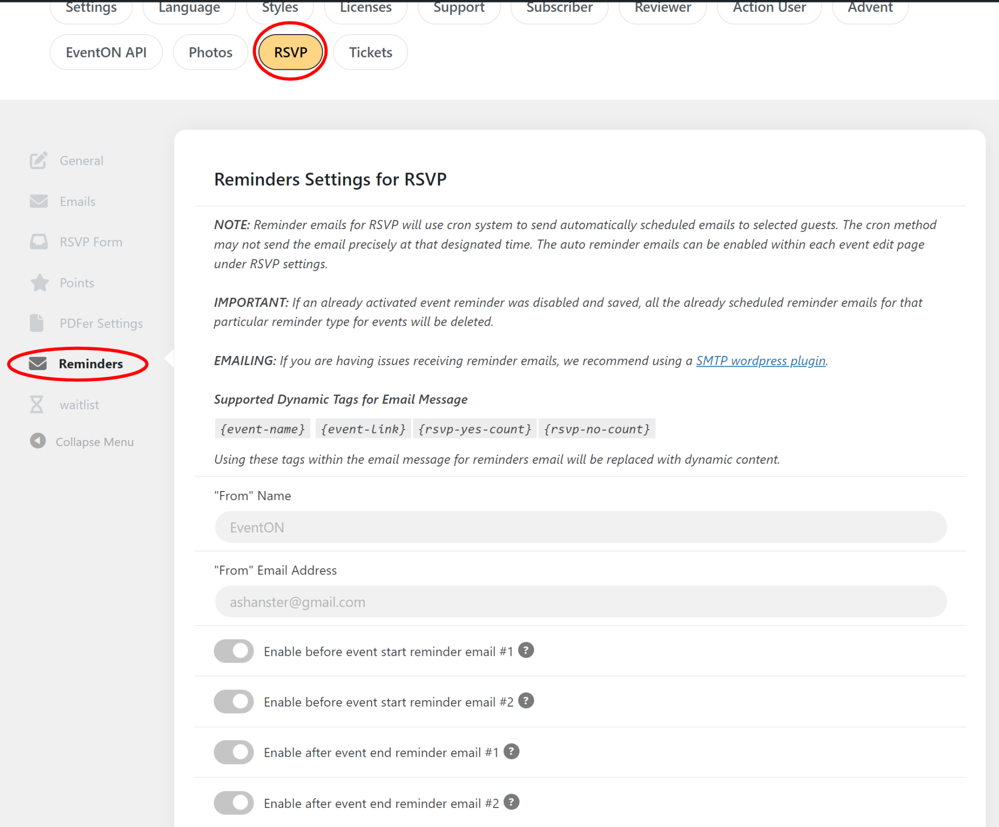 How to setup reminders for RSVP - Documentation
